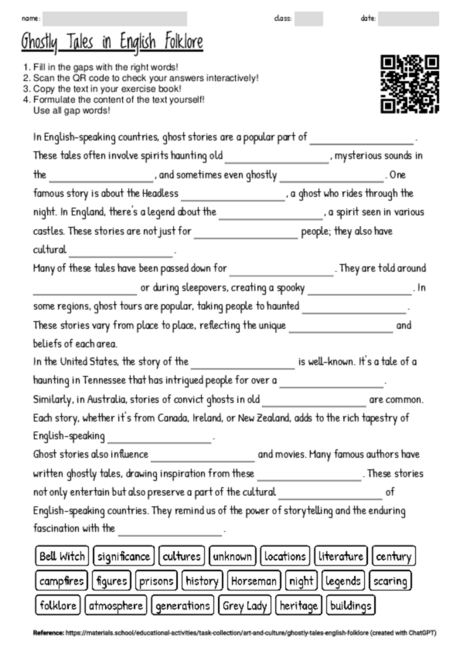Worksheet with the topic "Ghostly Tales in English Folklore ...