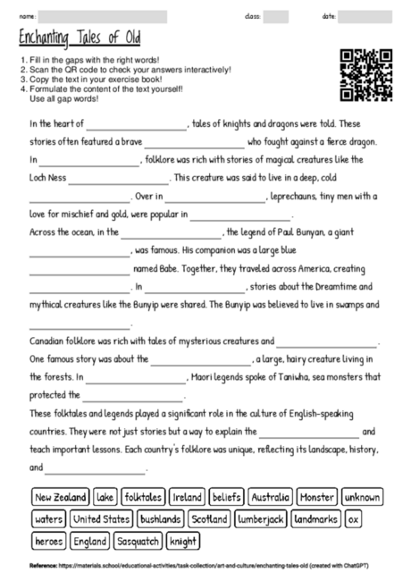 Worksheet with the topic "Enchanting Tales of Old" | MATERIALS.SCHOOL