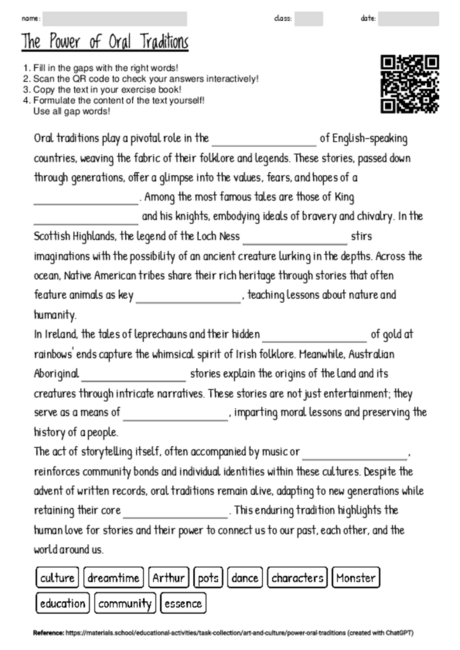 Worksheet with the topic "The Power of Oral Traditions" | MATERIALS.SCHOOL