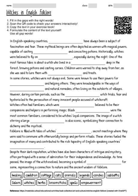 Worksheet with the topic "Witches in English Folklore" | MATERIALS.SCHOOL