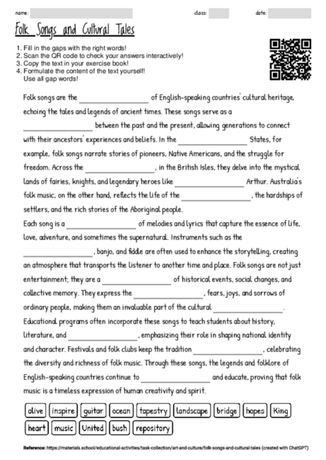 Worksheet with the topic "Folk Songs and Cultural Tales" | MATERIALS.SCHOOL