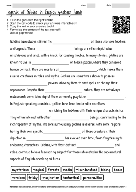 Worksheet with the topic "Legends of Goblins in English-speaking Lands ...