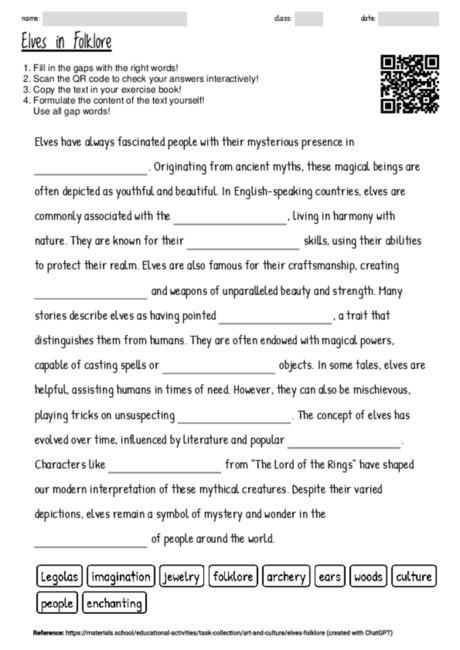 Worksheet with the topic "Elves in Folklore" | MATERIALS.SCHOOL