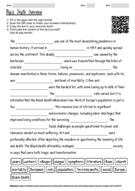 Worksheet with the topic "Black Death Overview" | MATERIALS.SCHOOL