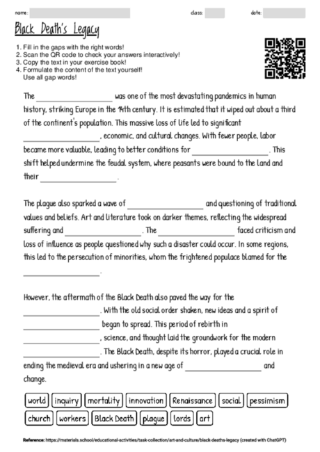 Worksheet with the topic "Black Death's Legacy" | MATERIALS.SCHOOL