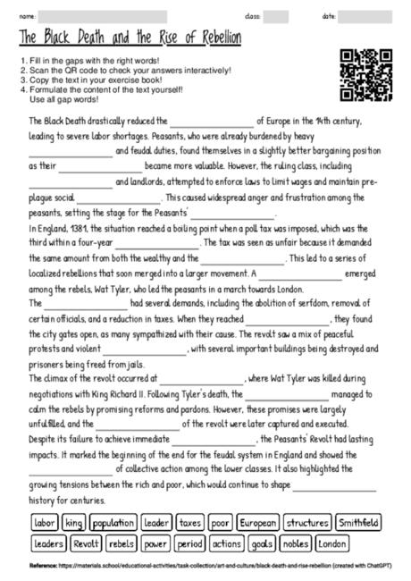 Worksheet with the topic "The Black Death and the Rise of Rebellion ...