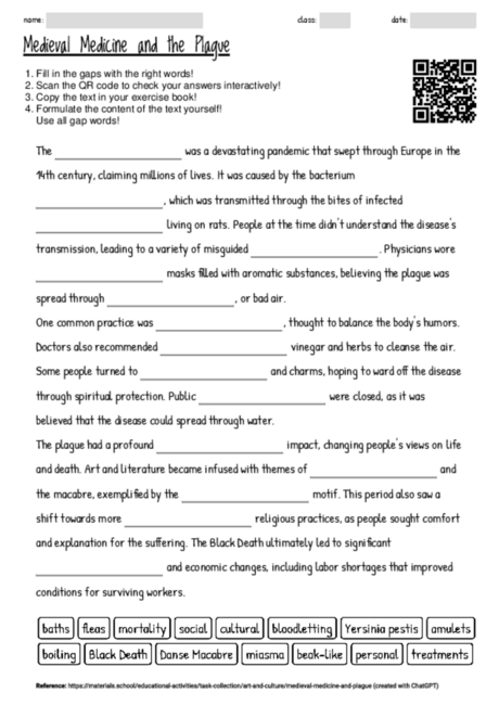 Worksheet with the topic "Medieval Medicine and the Plague" | MATERIALS ...