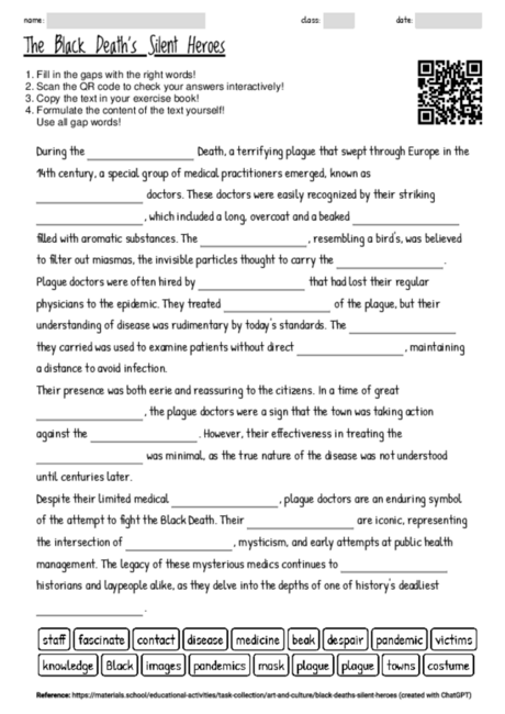 Worksheet with the topic "The Black Death's Silent Heroes" | MATERIALS ...