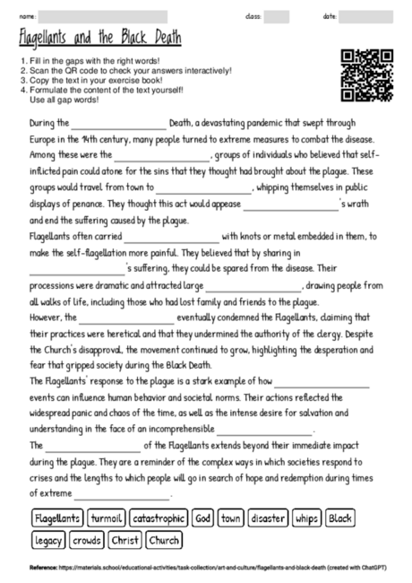 Worksheet with the topic "Flagellants and the Black Death" | MATERIALS ...