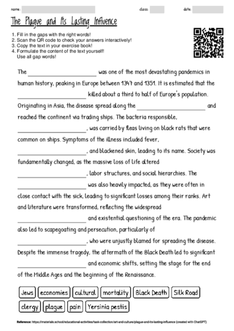 Worksheet with the topic "The Plague and Its Lasting Influence ...