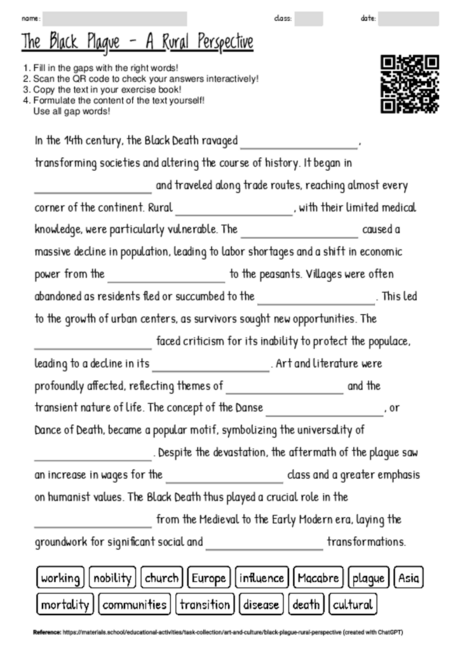 Worksheet with the topic "The Black Plague - A Rural Perspective ...