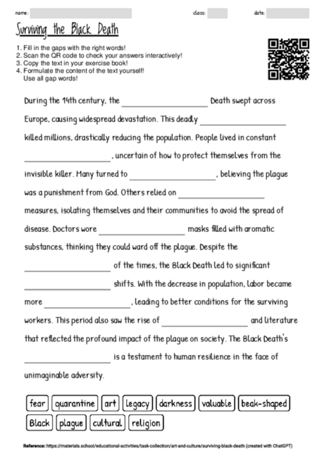 Worksheet with the topic "Surviving the Black Death" | MATERIALS.SCHOOL
