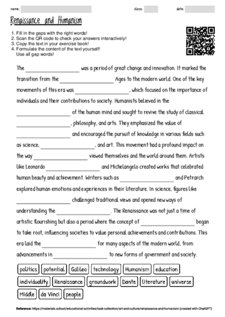 Worksheet with the topic "Renaissance and Humanism" | MATERIALS.SCHOOL