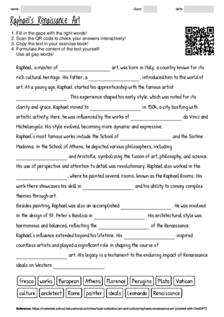 Worksheet with the topic "Raphael's Renaissance Art" | MATERIALS.SCHOOL