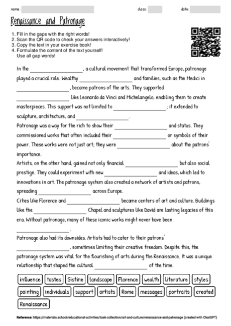 Worksheet with the topic "Renaissance and Patronage" | MATERIALS.SCHOOL