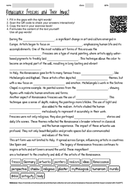 Worksheet with the topic "Renaissance Frescoes and Their Impact ...