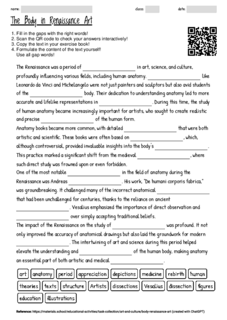 Worksheet with the topic "The Body in Renaissance Art" | MATERIALS.SCHOOL
