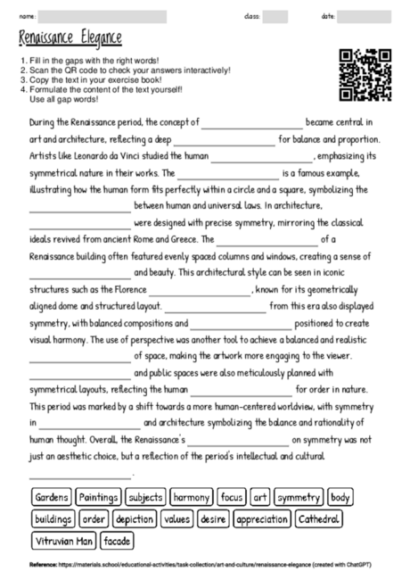 Worksheet with the topic "Renaissance Elegance" | MATERIALS.SCHOOL