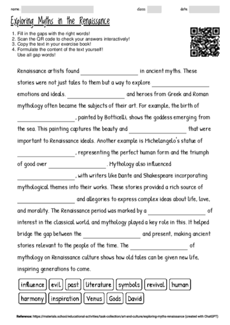 Worksheet with the topic "Exploring Myths in the Renaissance ...