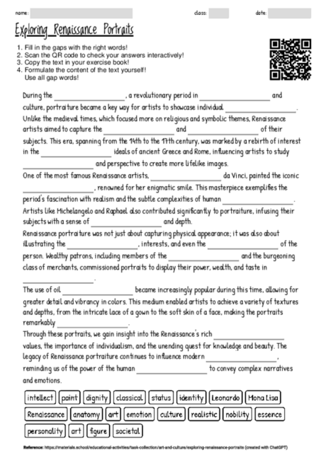 Worksheet with the topic "Exploring Renaissance Portraits" | MATERIALS ...