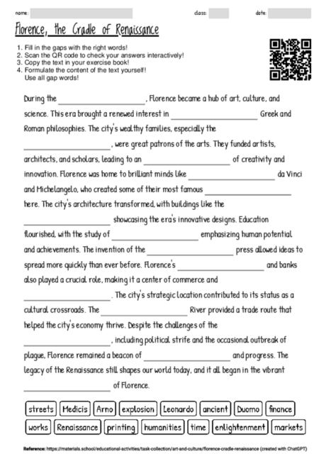 Worksheet with the topic "Florence, the Cradle of Renaissance ...
