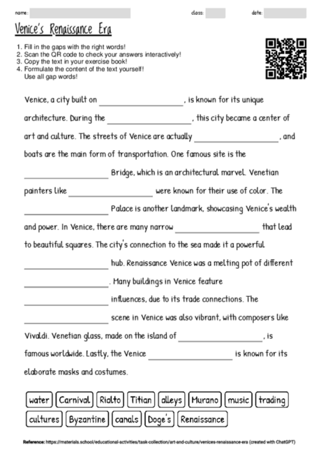 Worksheet with the topic "Venice's Renaissance Era" | MATERIALS.SCHOOL