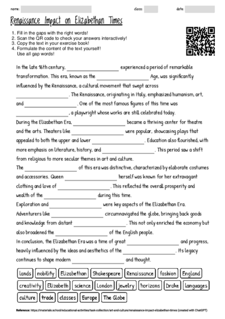 Worksheet with the topic "Renaissance Impact on Elizabethan Times ...