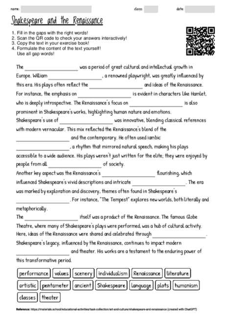 Worksheet with the topic "Shakespeare and the Renaissance" | MATERIALS ...