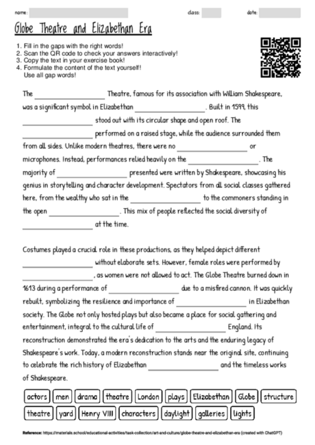 Worksheet with the topic "Globe Theatre and Elizabethan Era ...