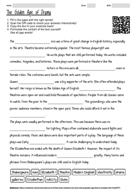 Worksheet with the topic "The Golden Age of Drama" | MATERIALS.SCHOOL