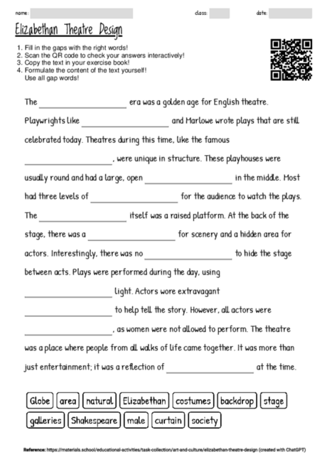 Worksheet with the topic "Elizabethan Theatre Design" | MATERIALS.SCHOOL