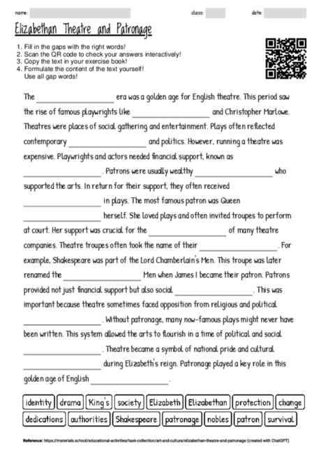 Worksheet with the topic "Elizabethan Theatre and Patronage ...