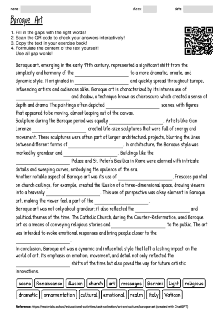Worksheet with the topic "Baroque Art" | MATERIALS.SCHOOL