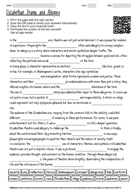 Worksheet with the topic "Elizabethan Drama and Allegory" | MATERIALS ...