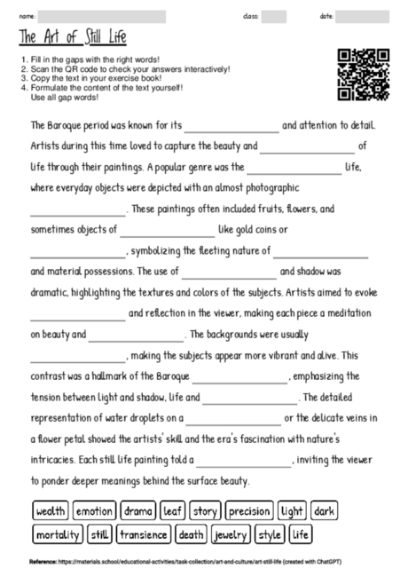 Worksheet with the topic "The Art of Still Life" | MATERIALS.SCHOOL