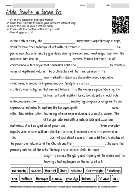 Worksheet with the topic "Artistic Flourishes in Baroque Era ...