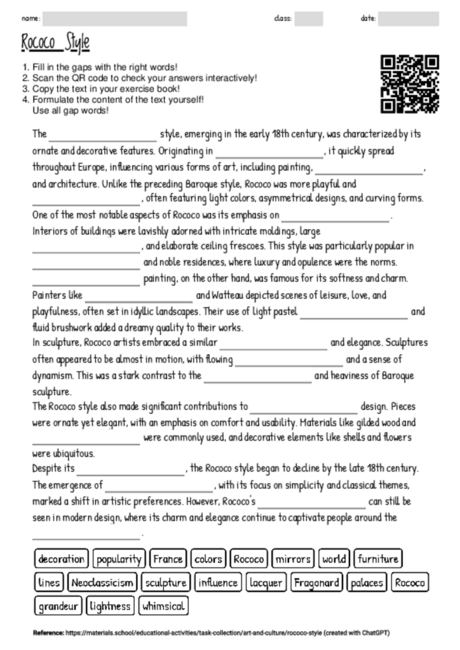 Worksheet with the topic "Rococo Style" | MATERIALS.SCHOOL