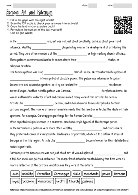 Worksheet with the topic "Baroque Art and Patronage" | MATERIALS.SCHOOL