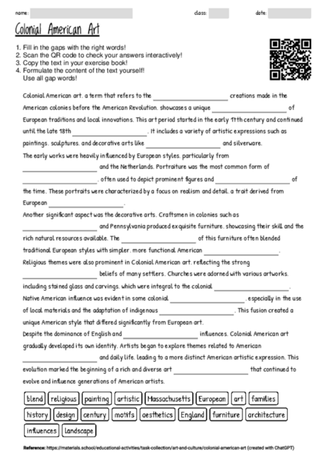 Worksheet with the topic "Colonial American Art" | MATERIALS.SCHOOL