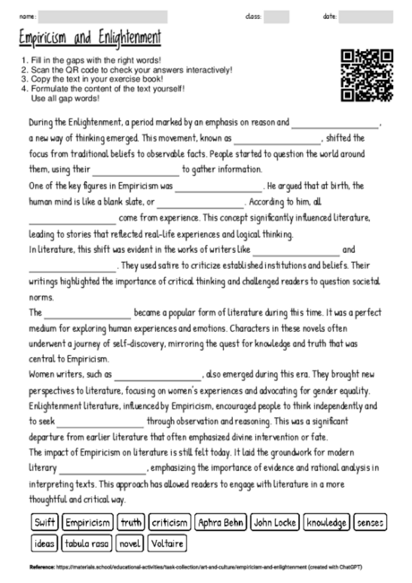 Worksheet with the topic "Empiricism and Enlightenment" | MATERIALS.SCHOOL