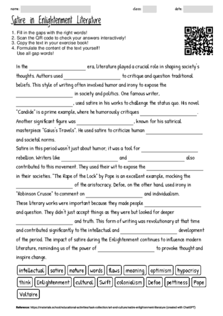 Worksheet with the topic "Satire in Enlightenment Literature ...