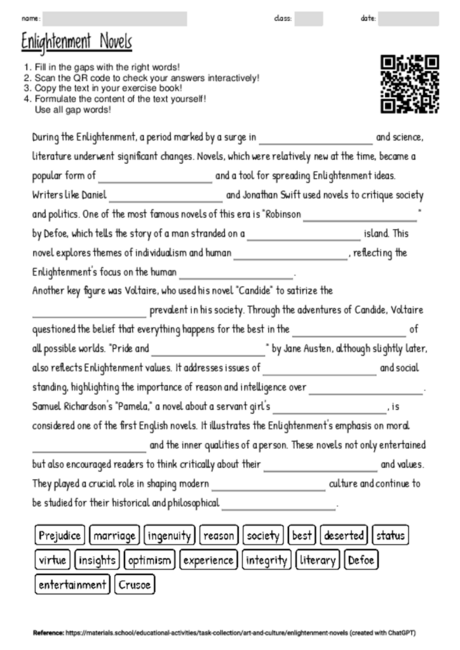 Worksheet with the topic "Enlightenment Novels" | MATERIALS.SCHOOL