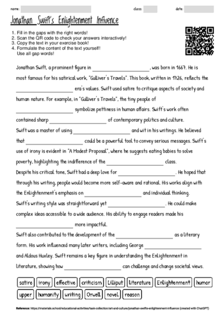 Worksheet with the topic "Jonathan Swift's Enlightenment Influence ...