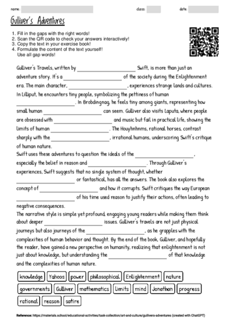 Worksheet with the topic "Gulliver's Adventures" | MATERIALS.SCHOOL