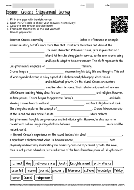 Worksheet with the topic "Robinson Crusoe's Enlightenment Journey ...