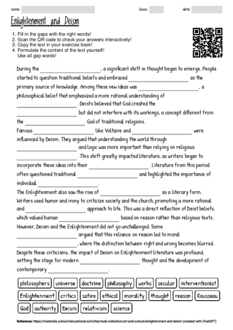 Worksheet with the topic "Enlightenment and Deism" | MATERIALS.SCHOOL