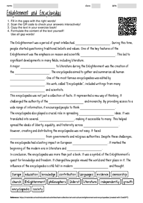 Worksheet with the topic "Enlightenment and Encyclopedias" | MATERIALS ...