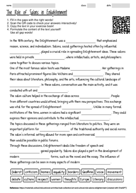 Worksheet with the topic "The Role of Salons in Enlightenment ...