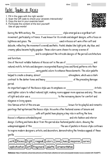 Worksheet with the topic "Pastel Shades in Rococo" | MATERIALS.SCHOOL