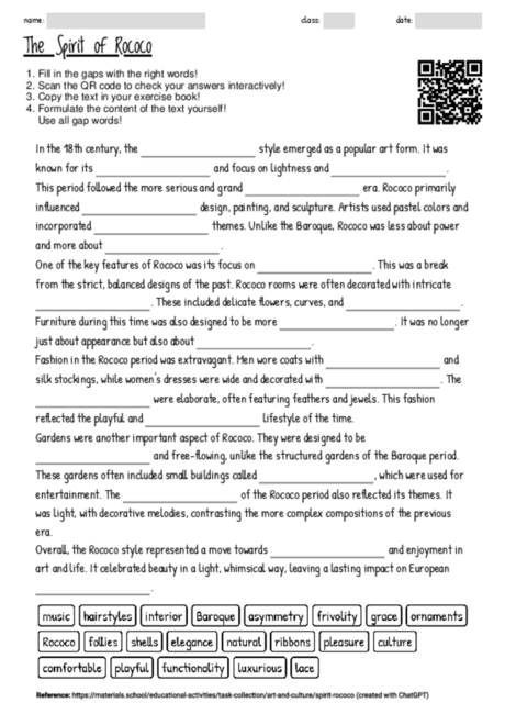 Worksheet with the topic "The Spirit of Rococo" | MATERIALS.SCHOOL
